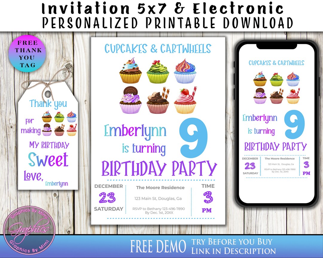 Cartwheels, Cupcakes, Birthday Invite, Editable Design, Printable ...
