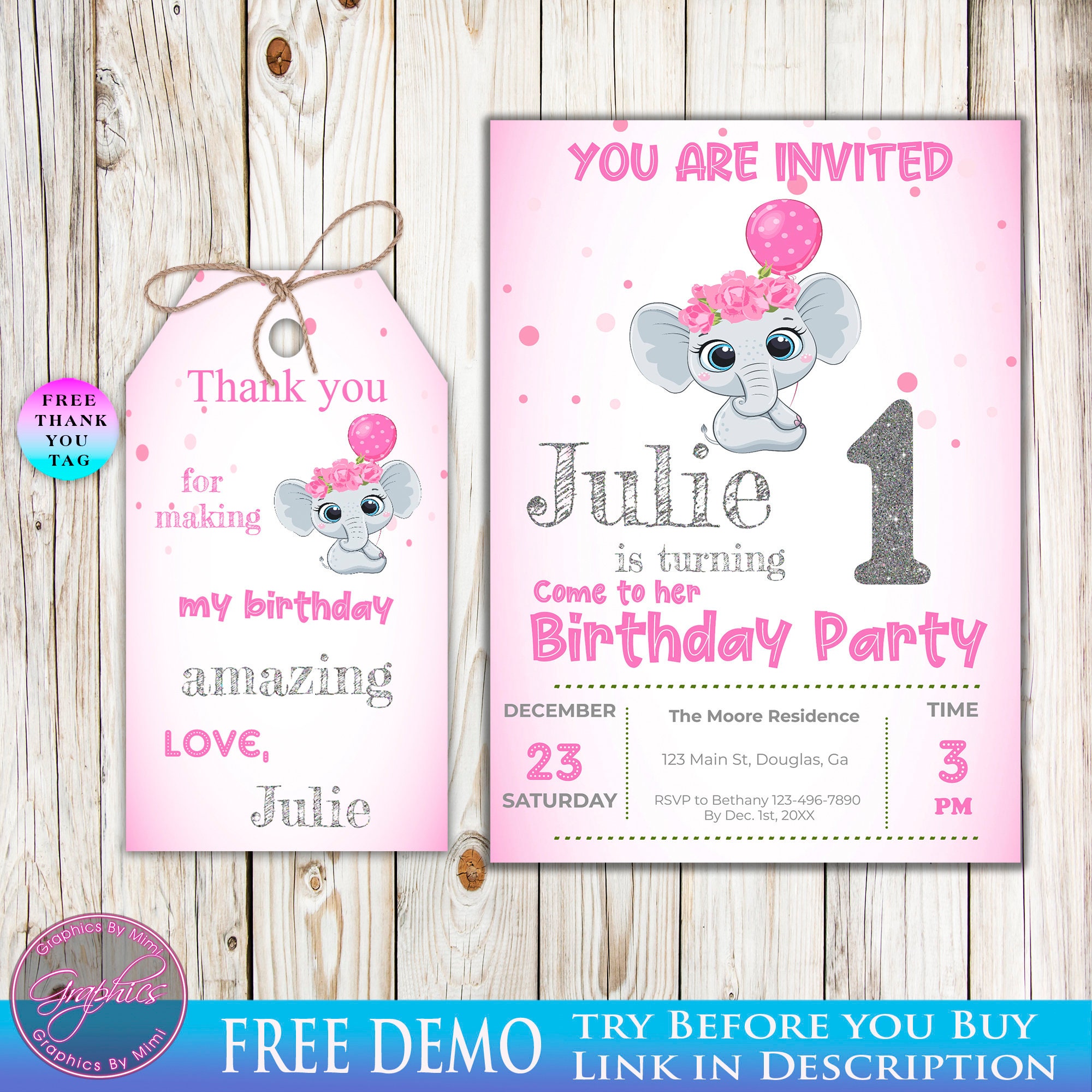 Baby Elephant, Birthday Invitation, Editable Design, Printable Birthday ...