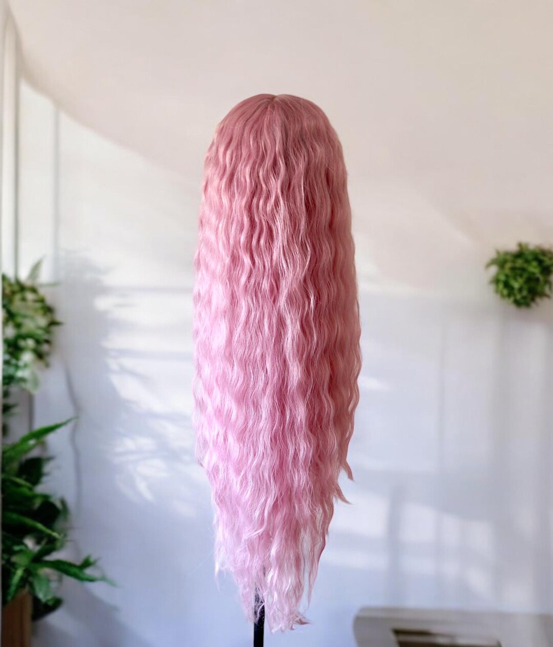 PINK WAVY WIG - Curly Wavy Long Hair Wig, Synthetic Fake Hair Wigs for ...