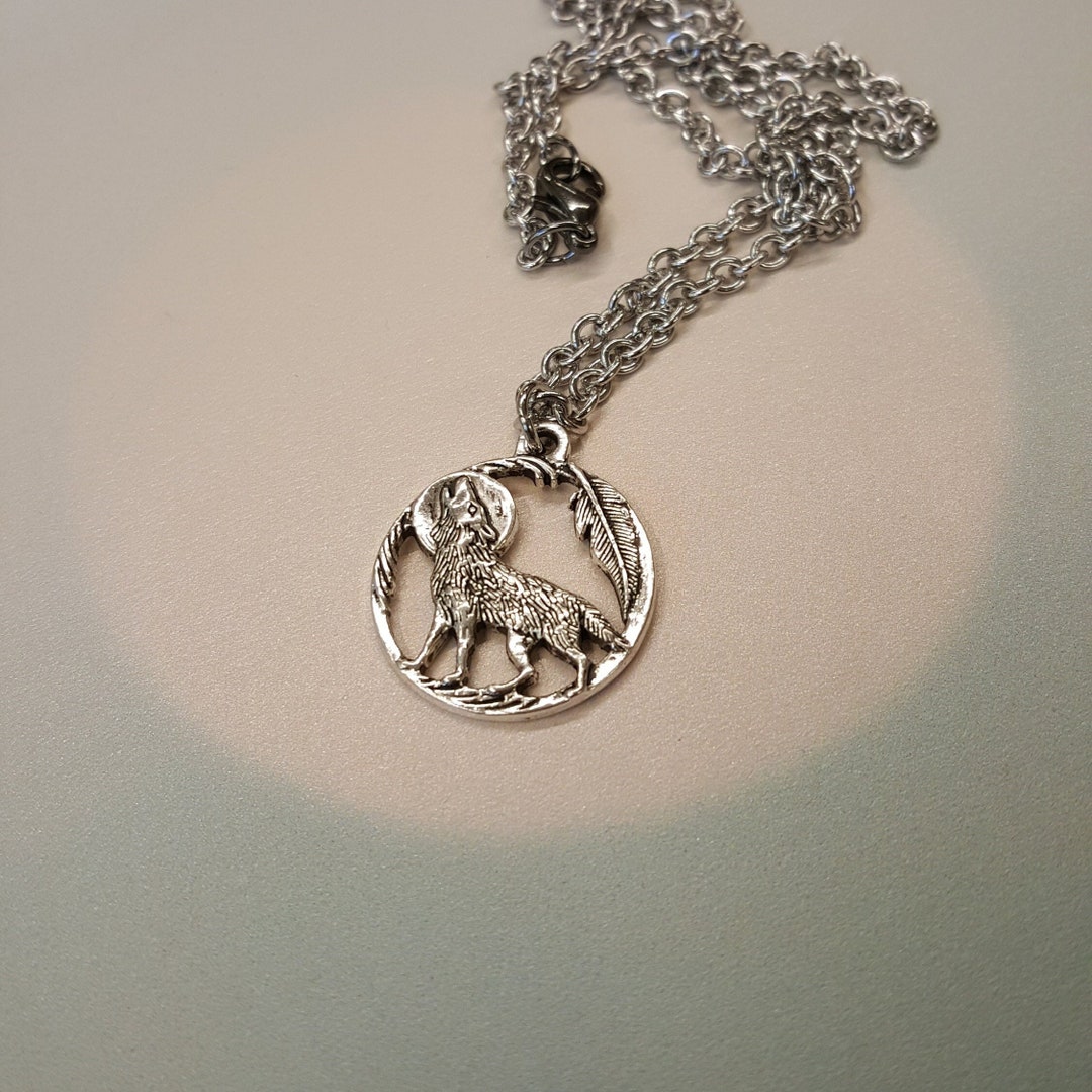 Howling Wolf Necklace - Silver Wolf Moon Pendant, Stainless Steel Chain ...