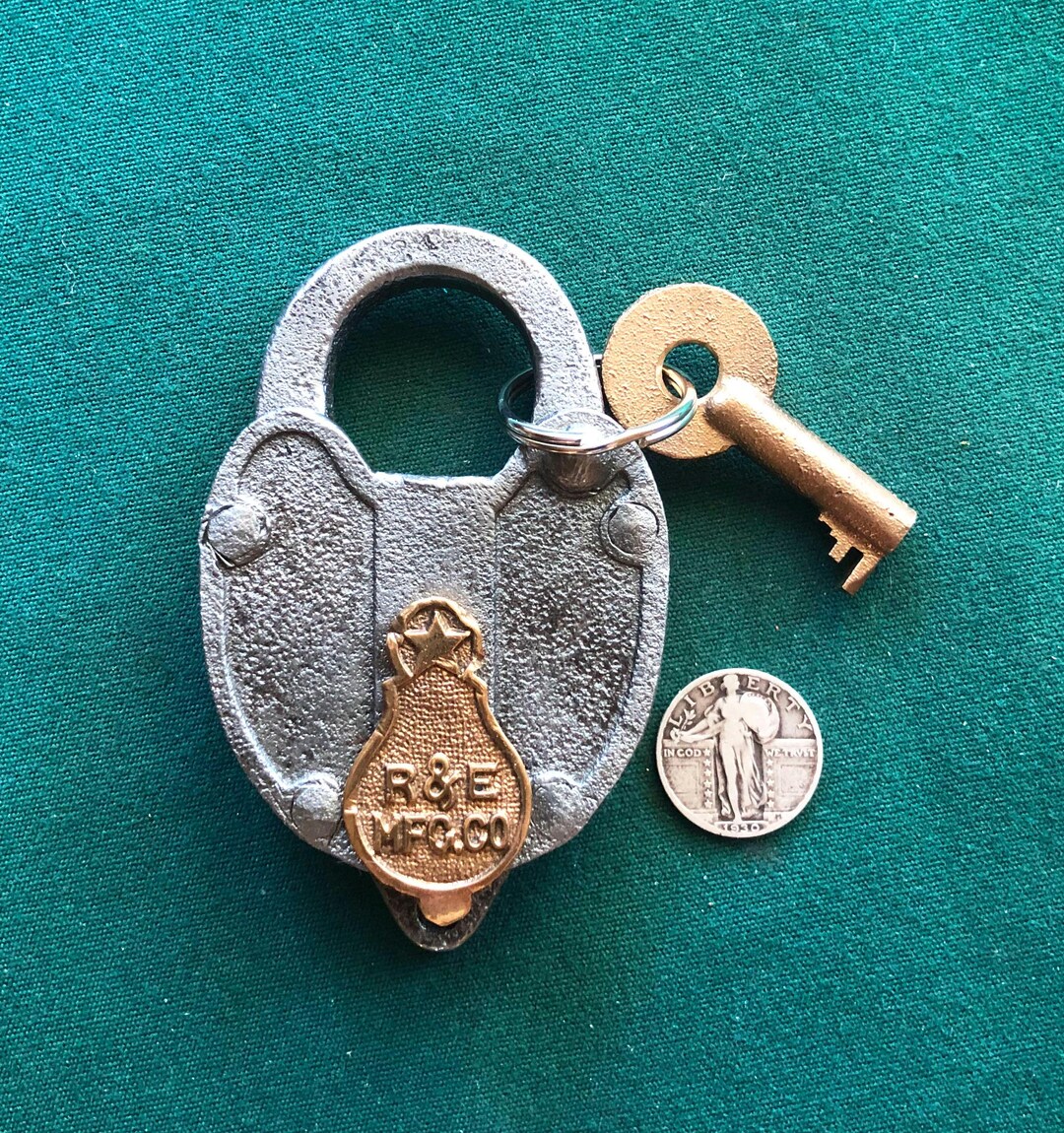 Antique Cast Iron RUSSELL & ERWIN Lever Padlock 1 Brass Barrel Key Late ...