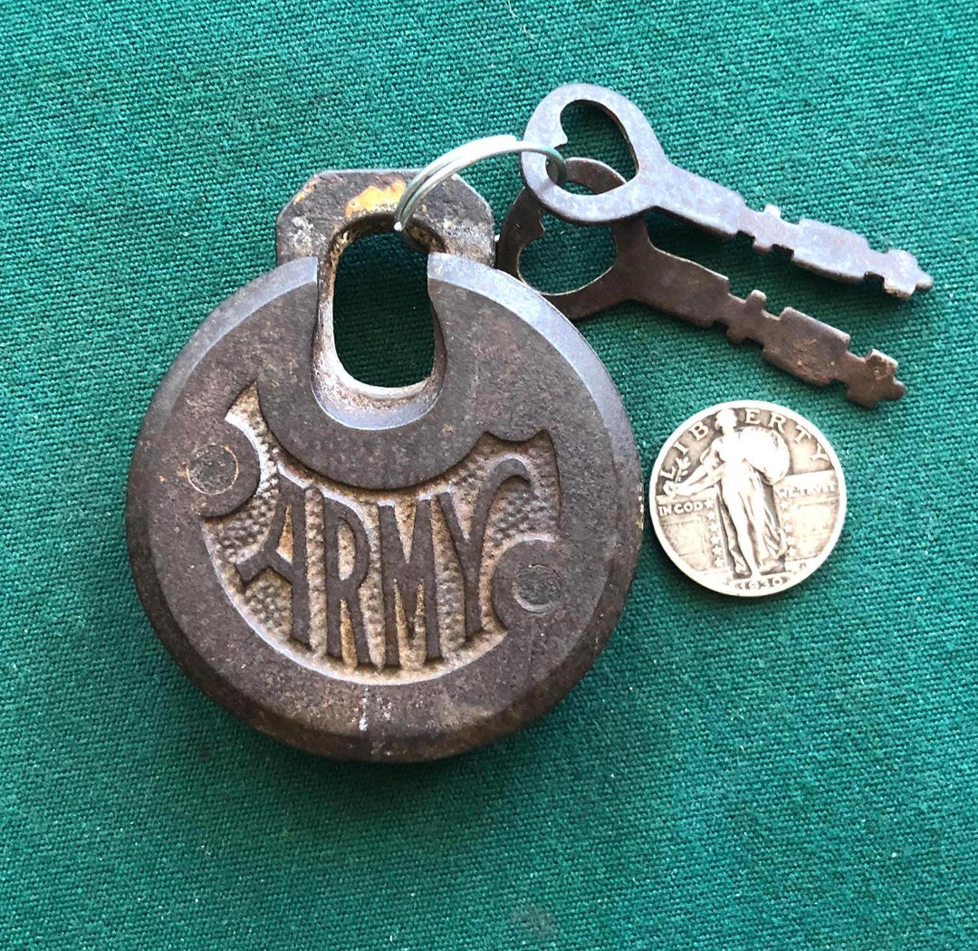 Antique Cast Steel United States ARMY WW1 Era Warded Lever Padlock + 2 ...