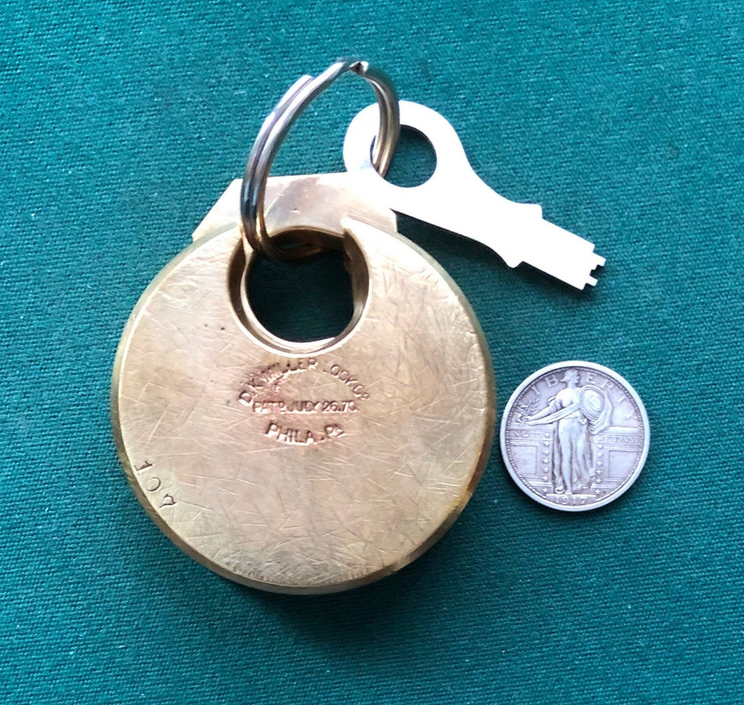 Antique Cast Brass DK MILLER Push-key Pancake Padlock + 1 Operable Keys ...