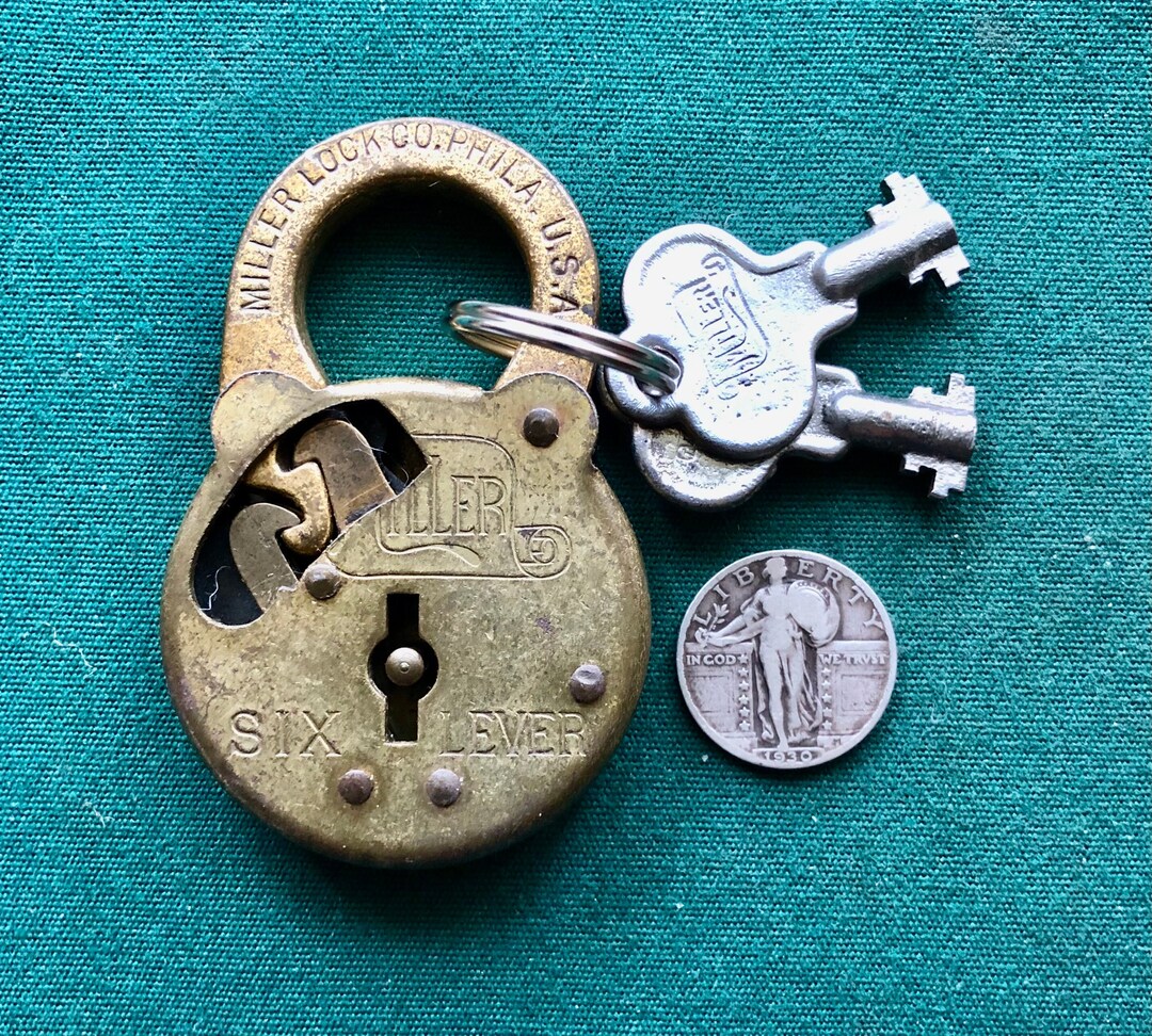 Antique MILLER Steel 6-lever CUT A WAY Padlock + 2 Original Double ...