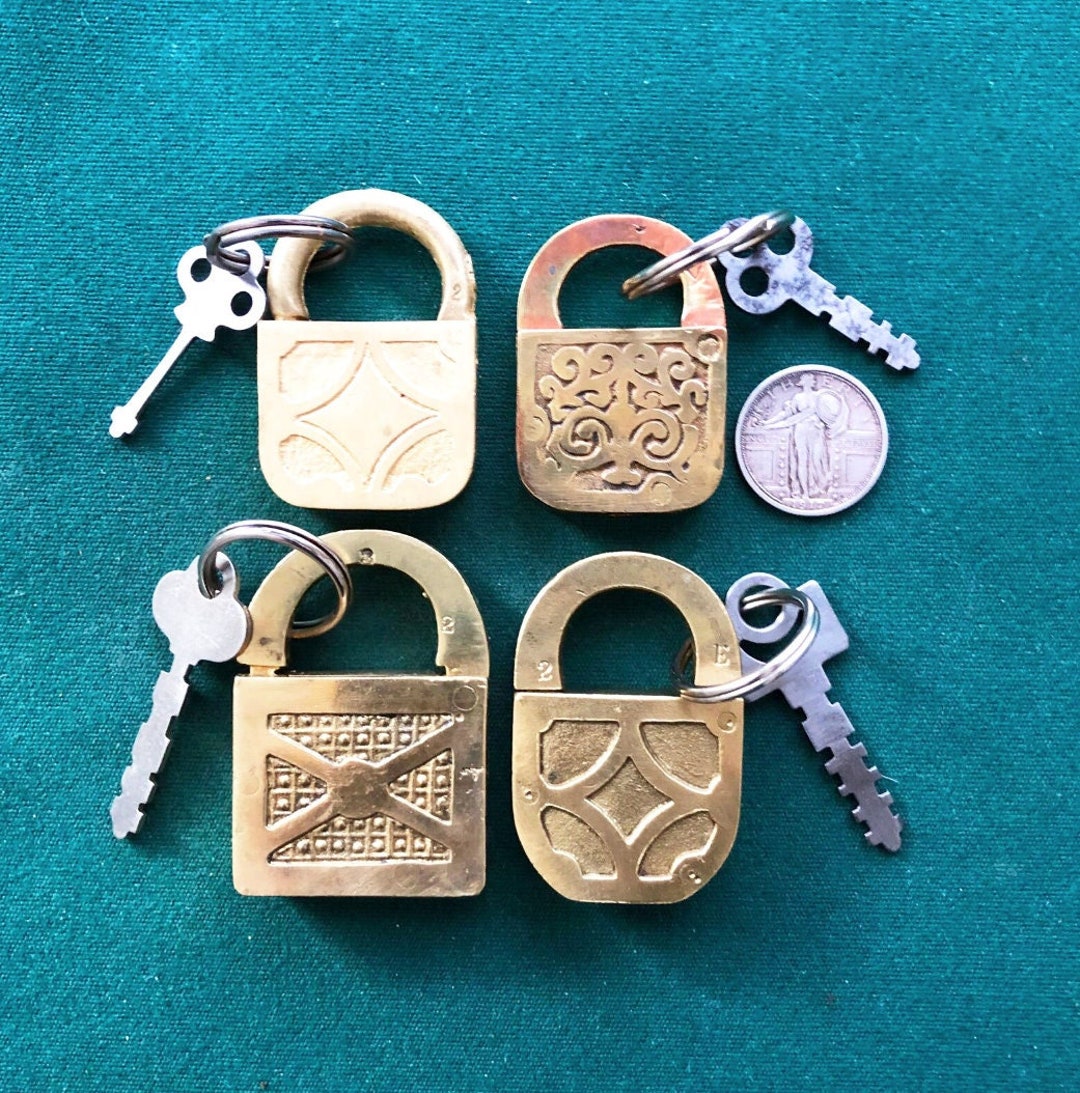 4 Antique Cast Brass Small DECORATIVE SCROLL Padlocks All W/operative ...