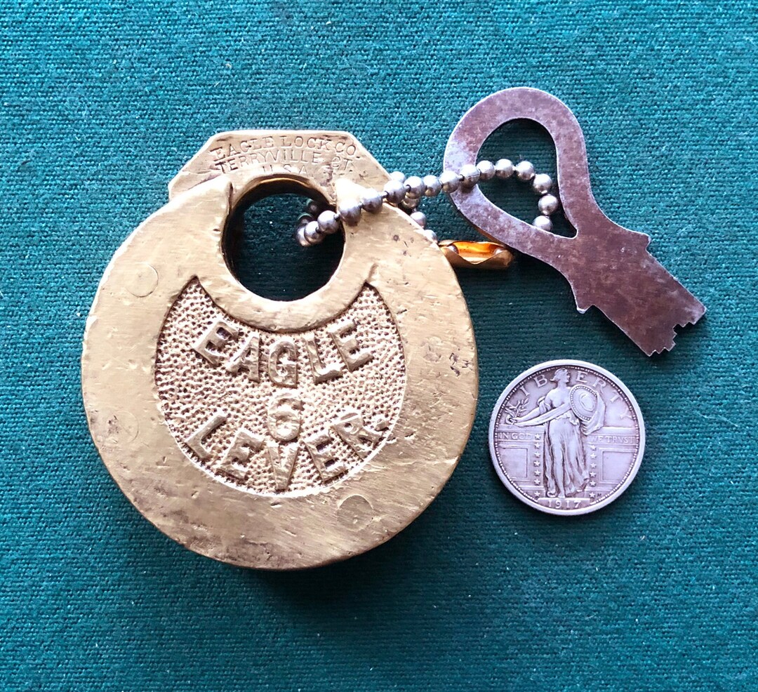 Antique Cast Brass THICK Push-key EAGLE 6-LEVER Padlock + 1 Operable ...