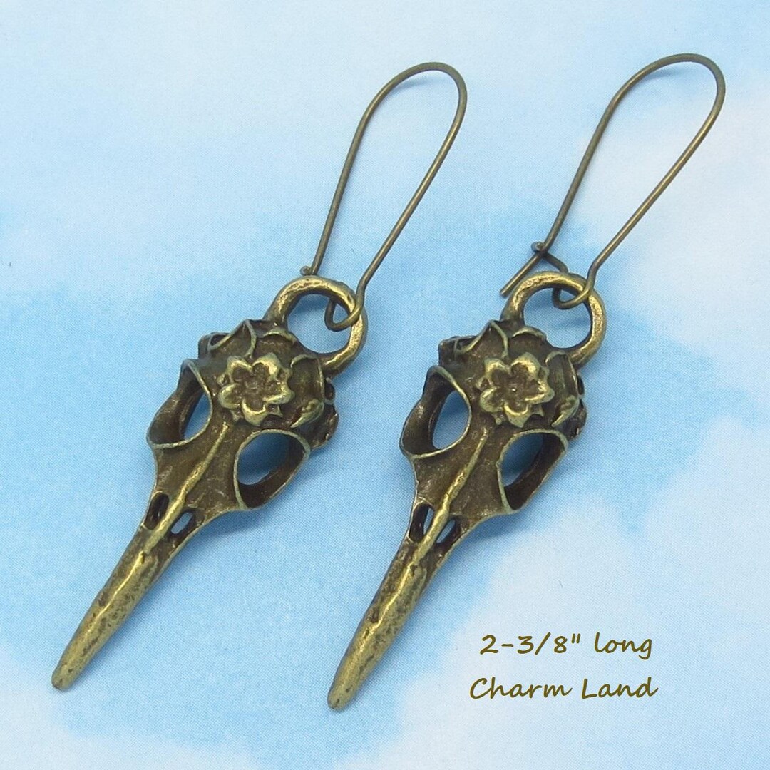 Antique Brass Raven Skull Earrings: Gothic Crow Jewelry - Etsy