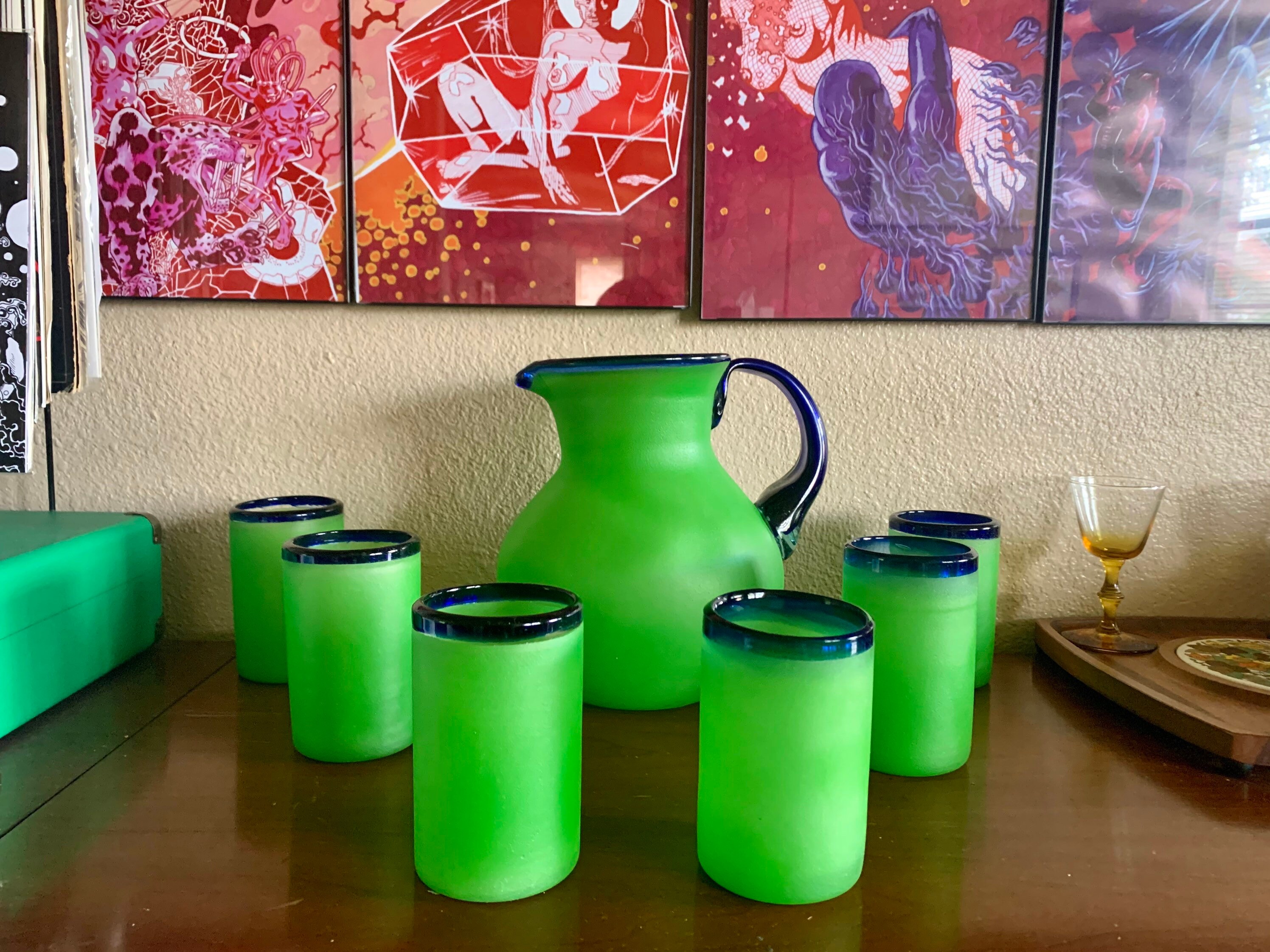 Emerald Green Blue Rimmed Margarita Pitcher and 6 Drinking Glasses Set ...