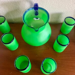 Emerald Green Blue Rimmed Margarita Pitcher and 6 Drinking Glasses Set ...