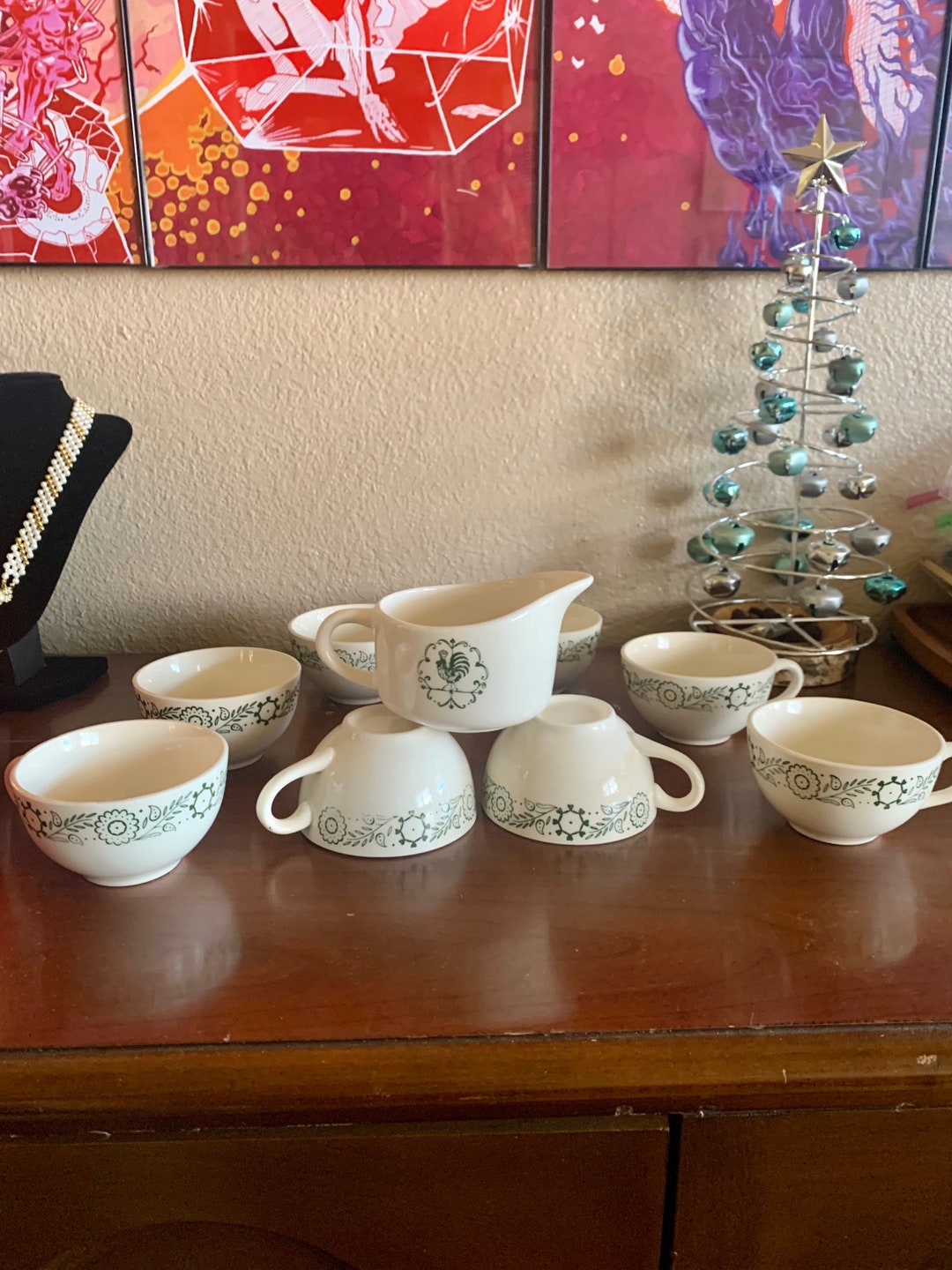 Vintage 1960s SCIO Pottery Provincial Pattern Green Rooster Creamer and ...