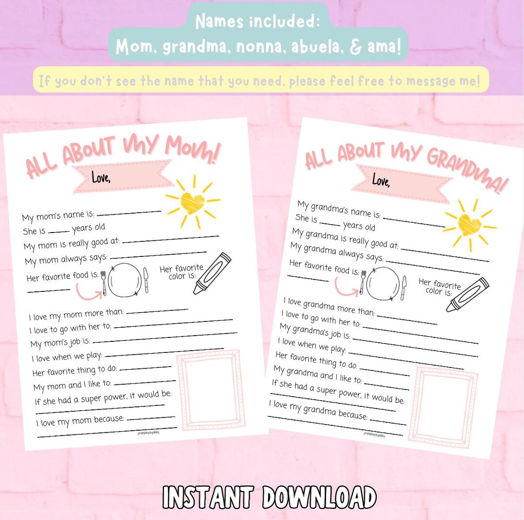 Mother's Day All About My Mom Survey, Mother's Day Printable, Grandma ...