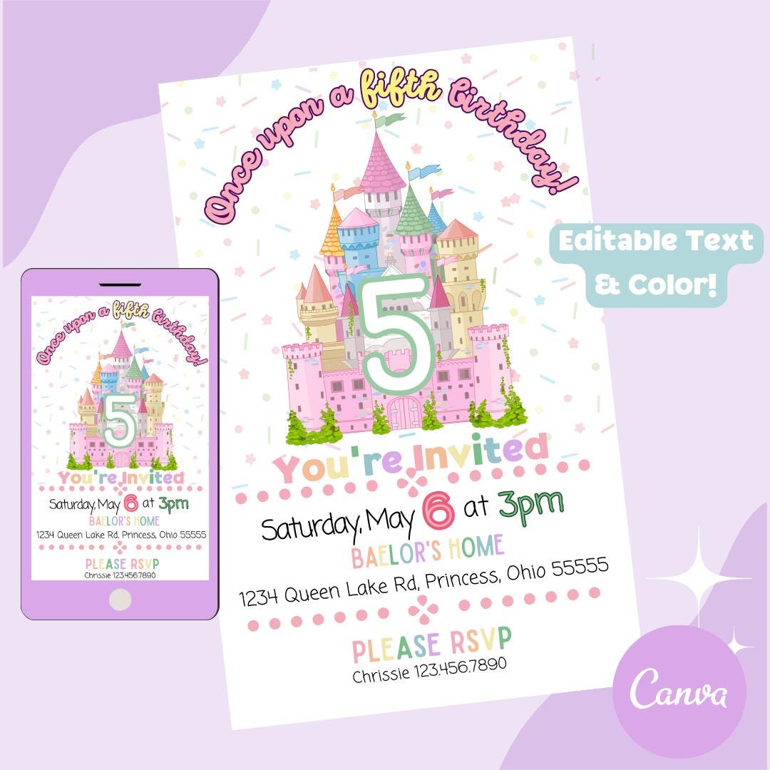 Editable Princess Birthday Invitation, Once Upon a Fifth Birthday ...