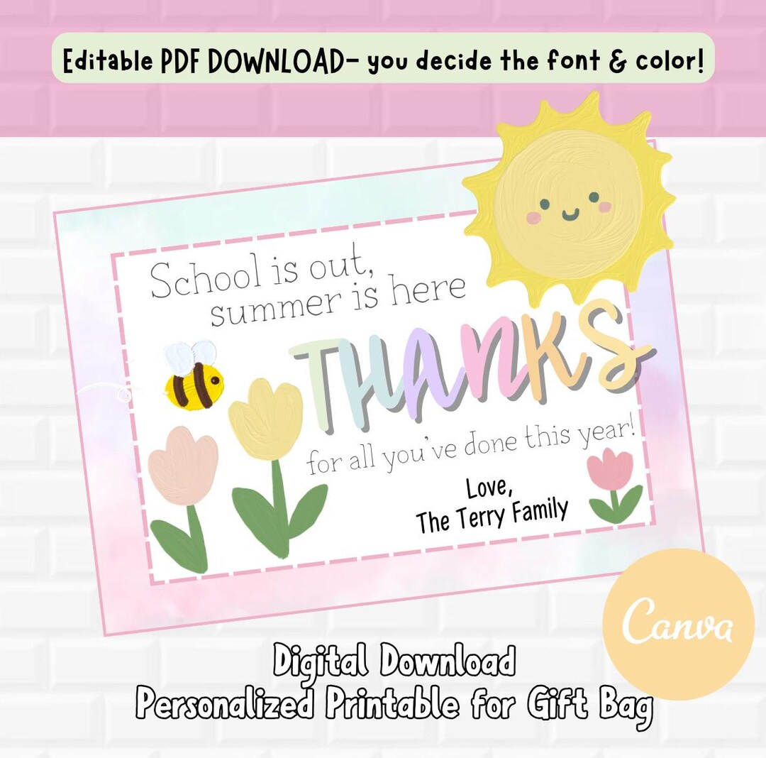 School Thank You Gift Tag, Teacher Appreciation Gift Tag, Kindergarten ...