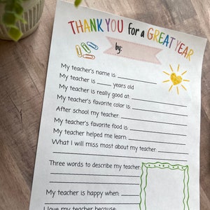 All About My Teacher Survey, End of School Year Printable, Teacher ...
