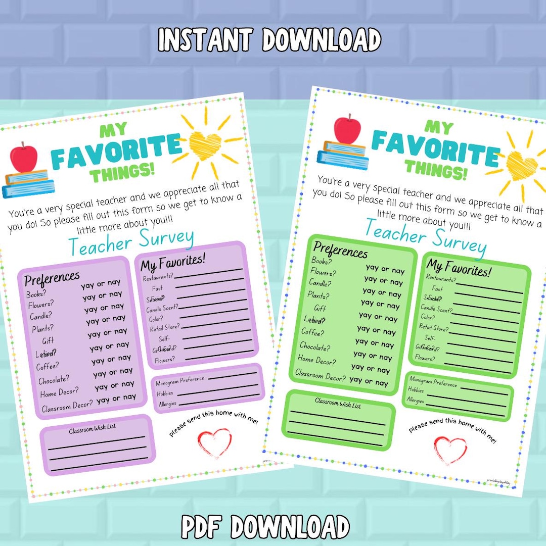 Teacher Appreciation Survey, All About My Teacher, My Teachers Favorite ...
