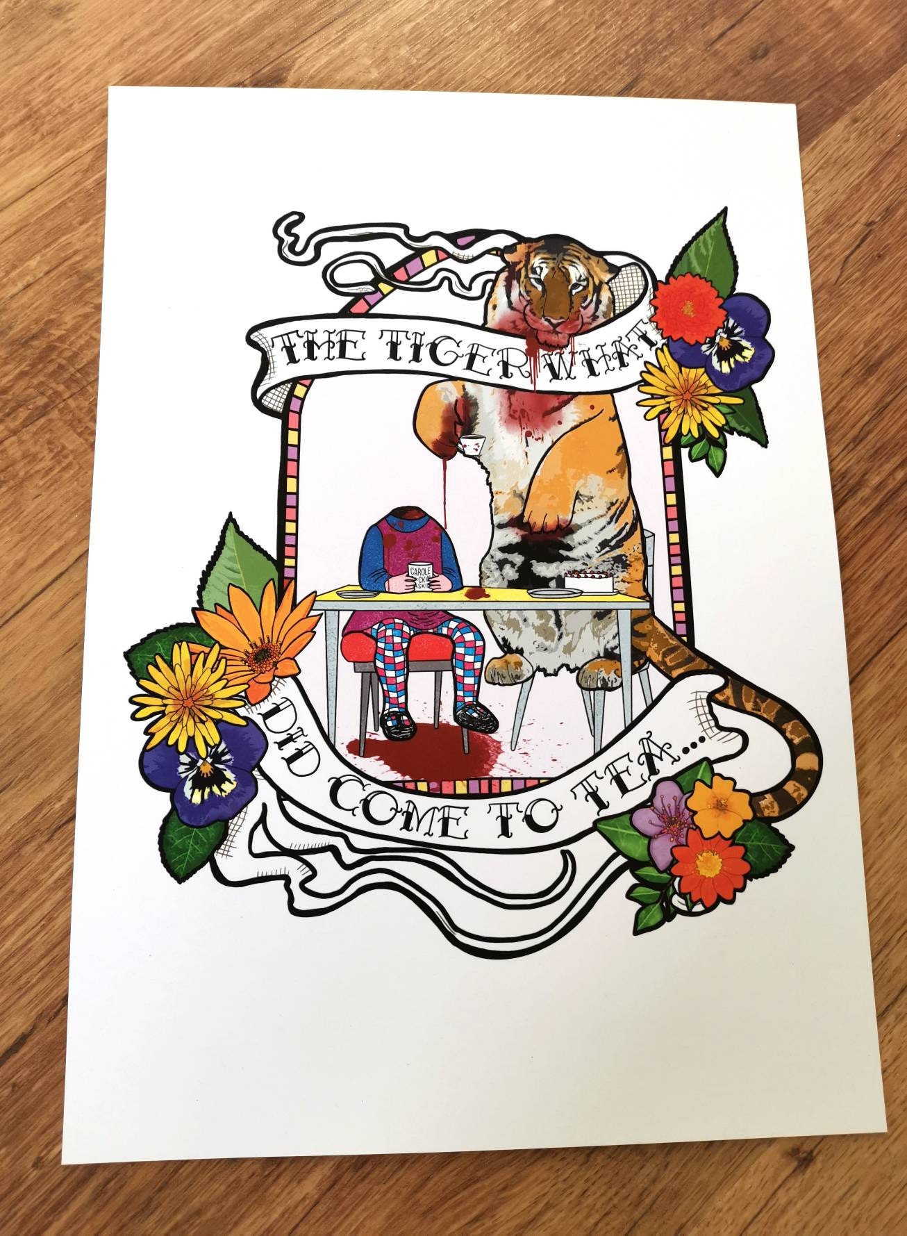 TIGER TEA ART Recycled Cardstock Tattoo Art Print Dark Humour Digital ...