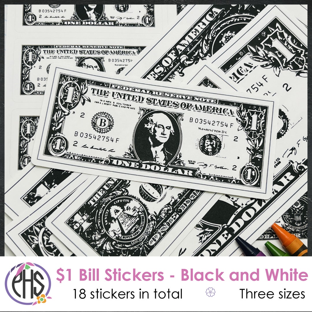 Black and White One Dollar Bill Stickers - Money Stickers - Math ...