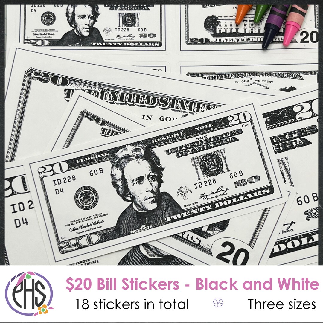 Black and White Twenty Dollar Bill Stickers - Money Stickers - Math ...