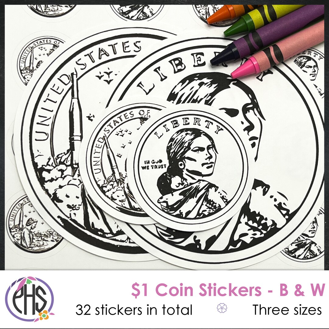 Black and White One Dollar Coin Stickers - Money Stickers - Homeschool ...