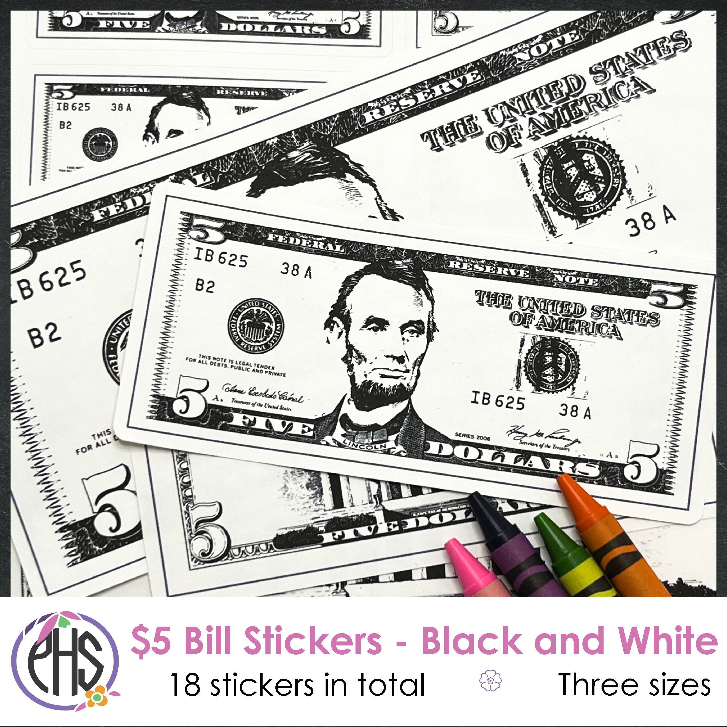 Black and White Five Dollar Bill Stickers Money Stickers Math Stickers ...
