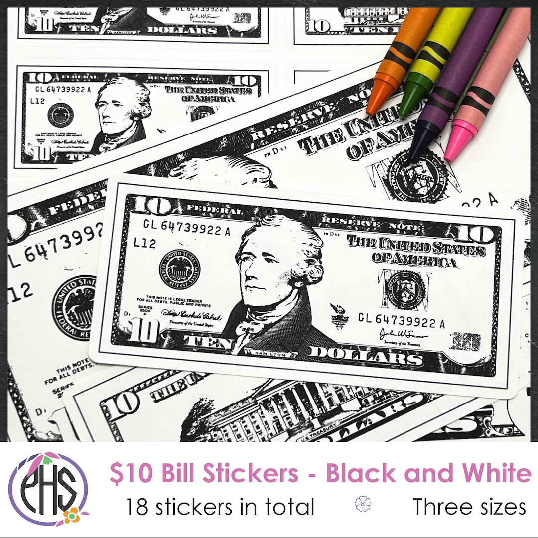 Black and White Ten Dollar Bill Stickers - Money Stickers - Math ...