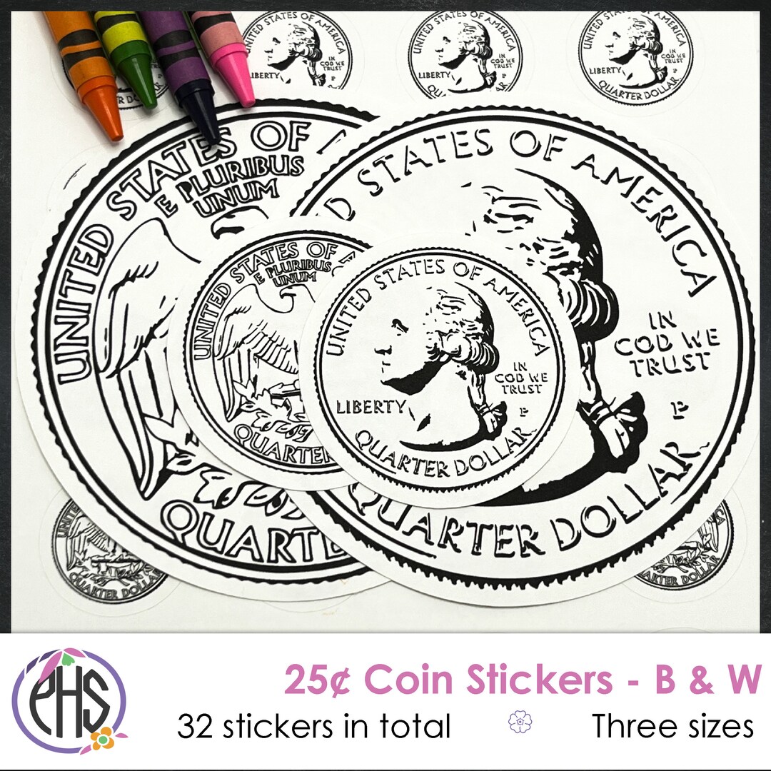 Black and White Twenty-five Cents Coin Stickers - Money Stickers ...