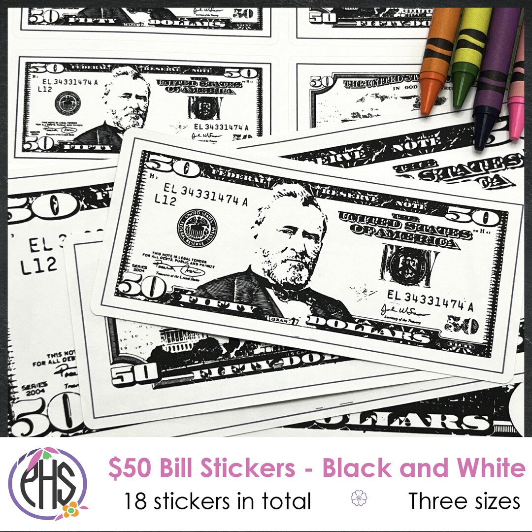 Black and White Fifty Dollar Bill Stickers - Money Stickers - Math ...