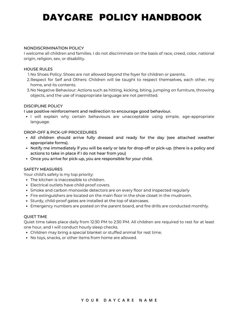 Editable Daycare Parents Handbook | Template for Childcare Policies ...