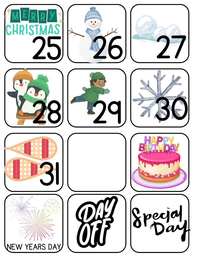 December Themed Calendar Cards for Toddler/preschool, Monthly Calendar ...