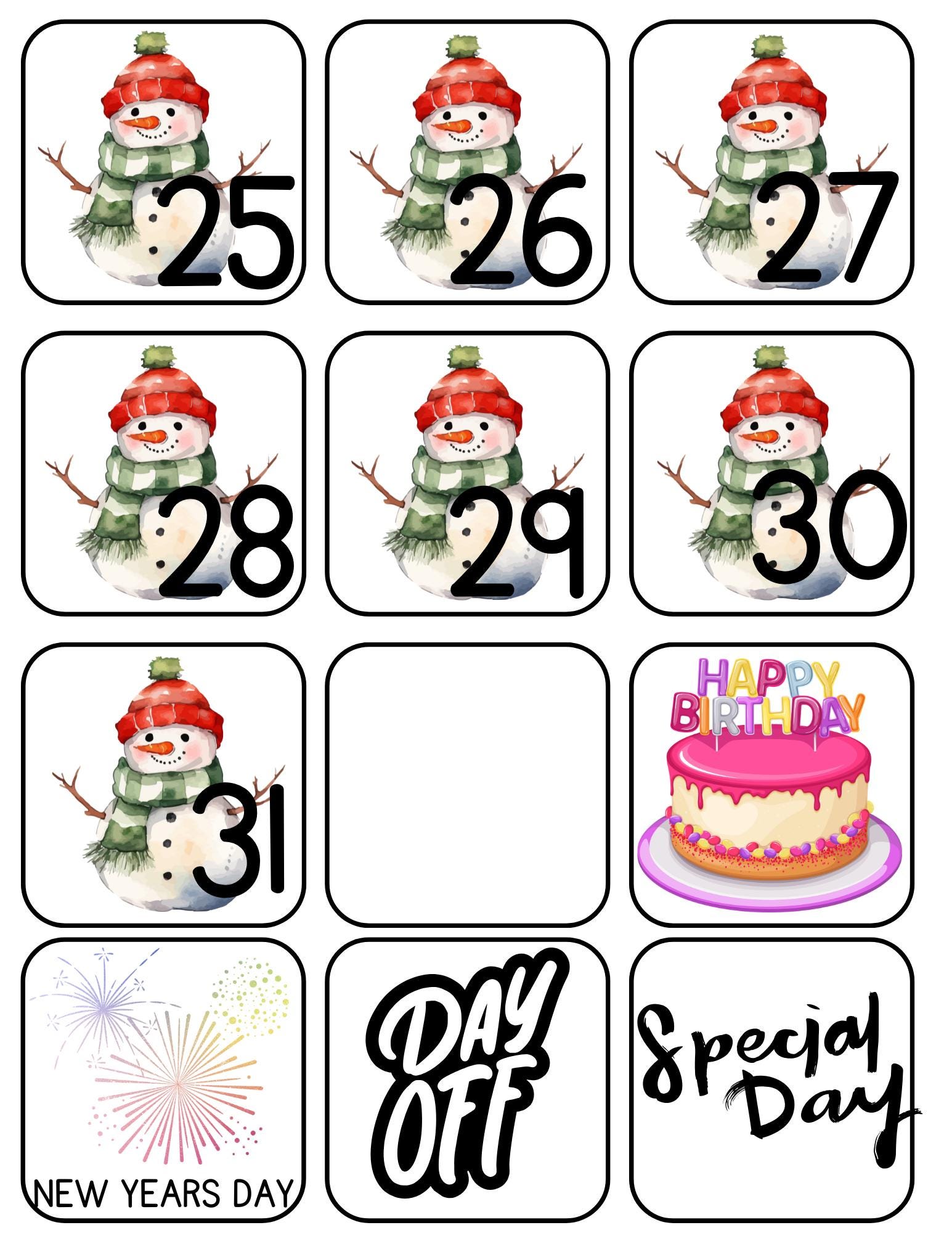 Snowman Calendar Numbers - Etsy