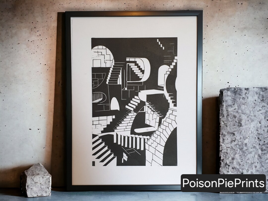 Linocut Stair Labyrinth M. C. Escher Black and White A3 30 X 42 Cm ...