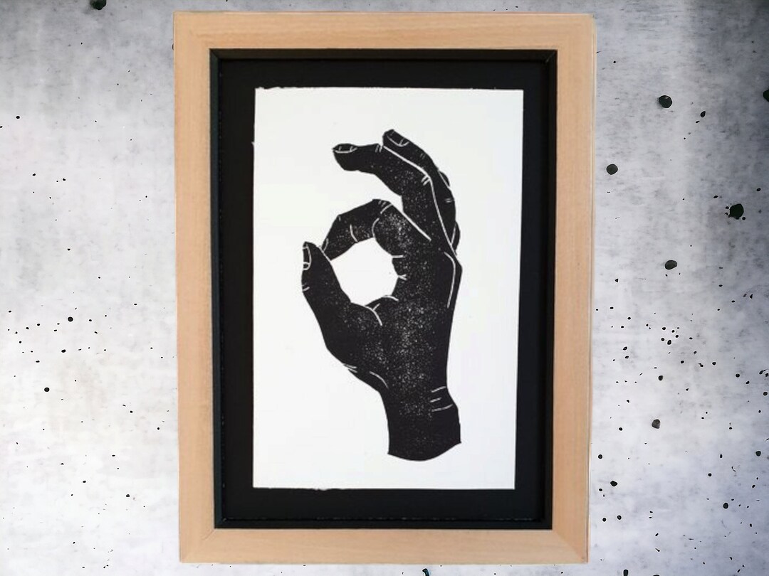 Hand Gesture Original Lino Print Checked Looked OK Linocut Circle Game ...