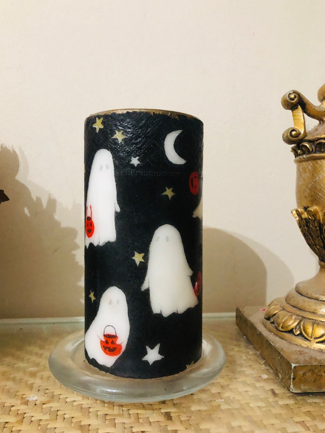 6 Inch Tall Night Time Ghosts Halloween Pillar Candle With Sugar Babies ...