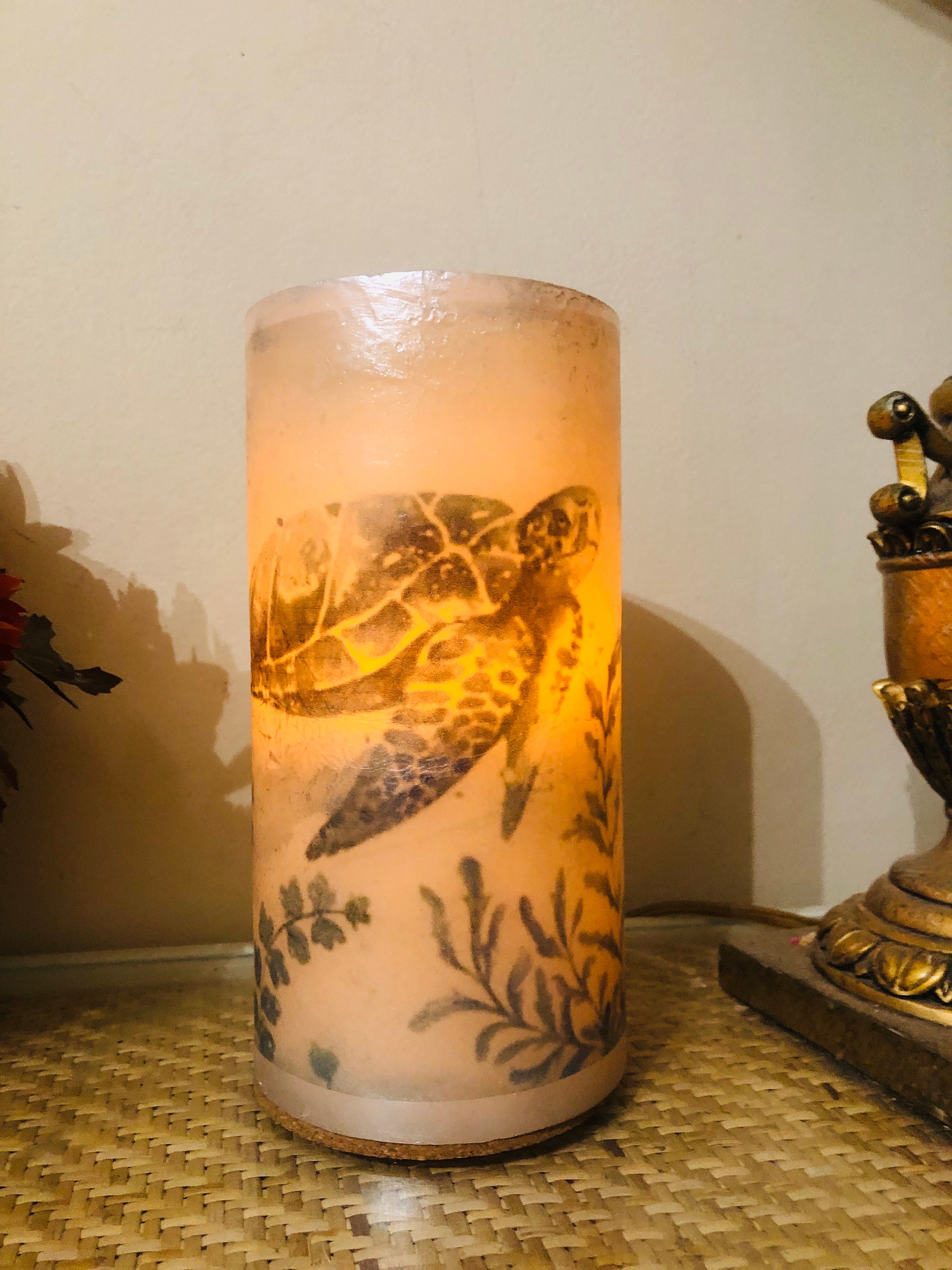 8 Inch Tall 4 Inch Wide Sea Turtle Flameless Pillar Candle With Sea ...