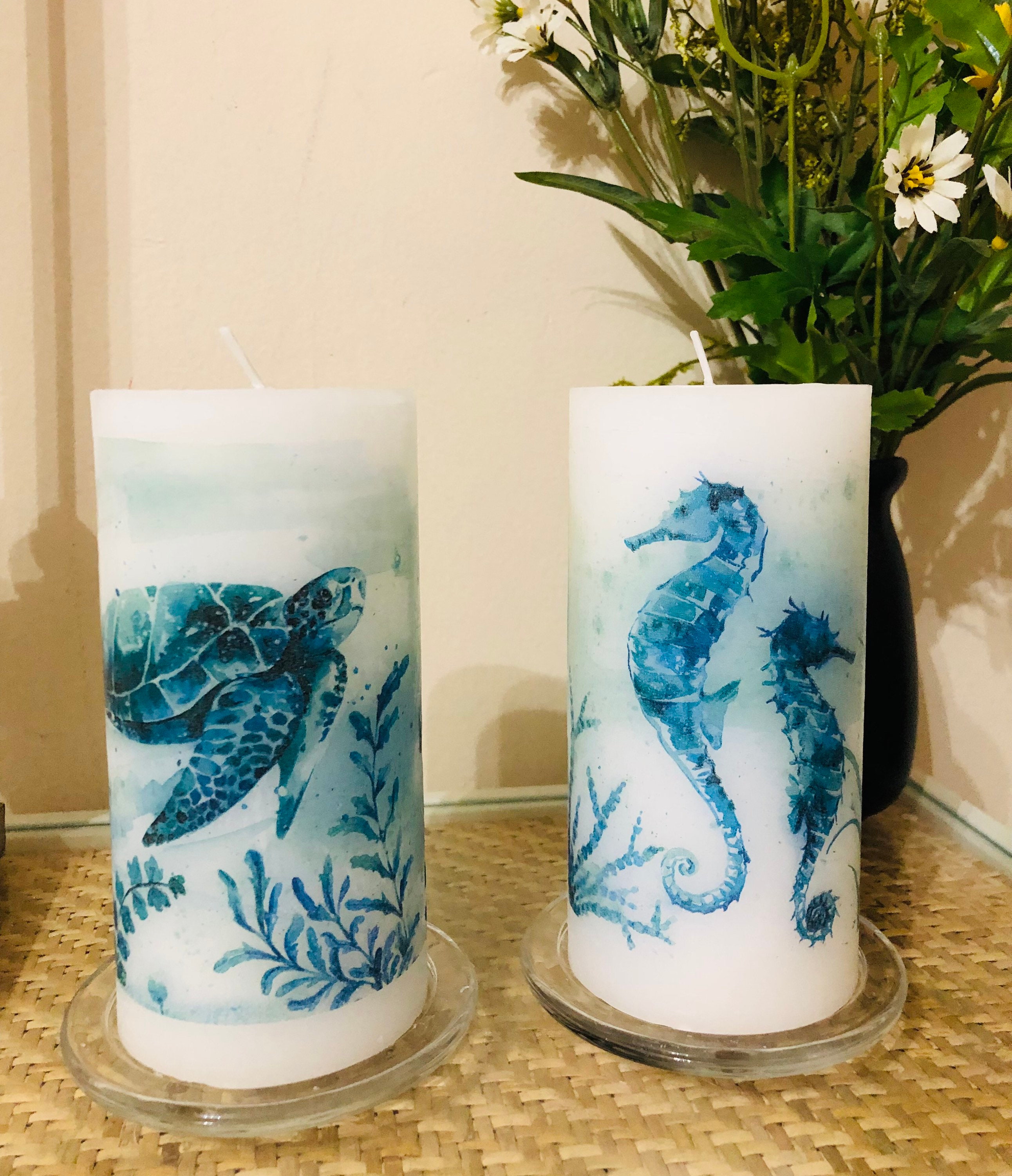 6 Inch Tall Sea Horse or Sea Turtle Pillar Candle With Sugar Sand Beach ...