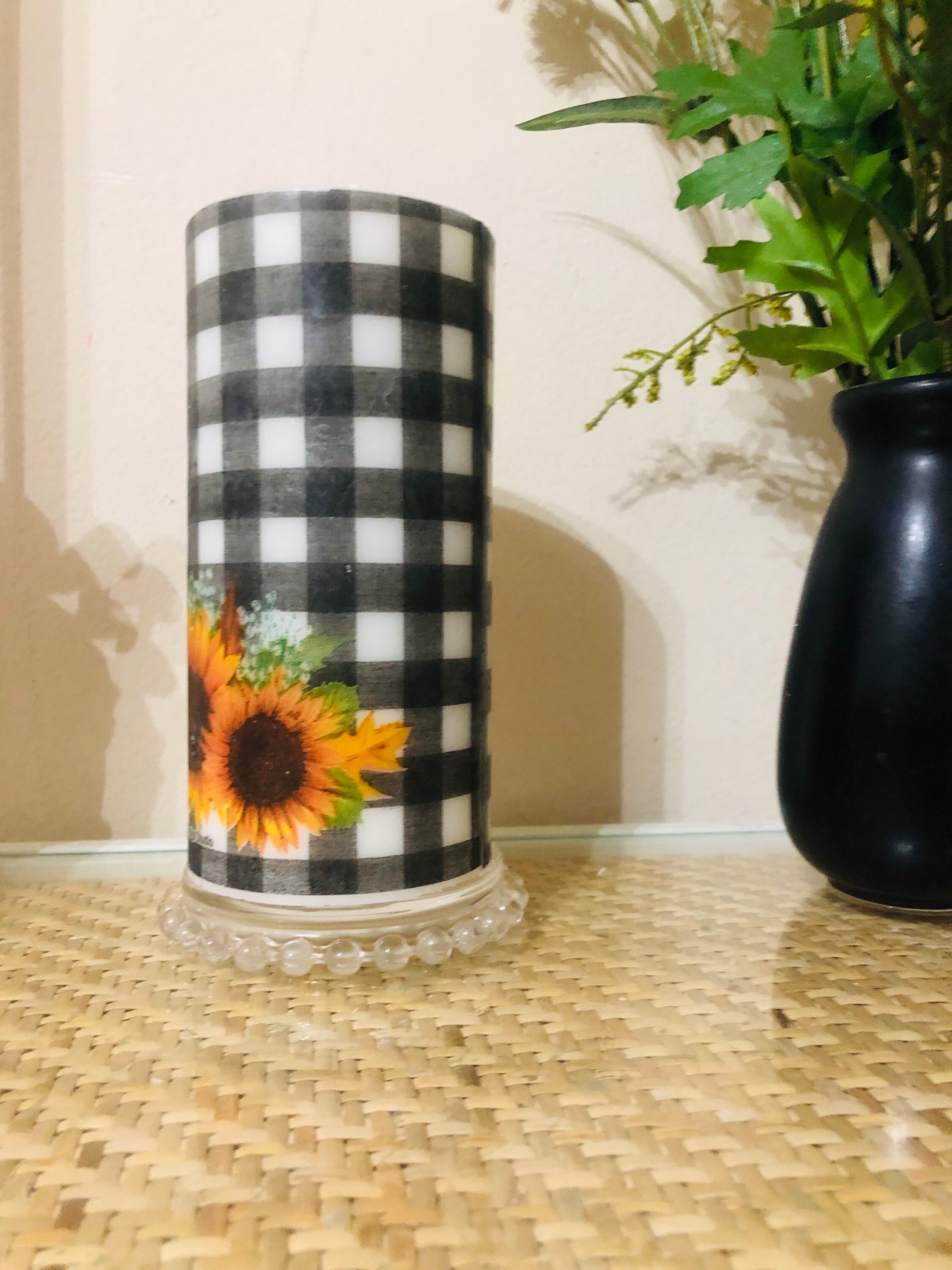 6 Inch Tall Country Sunflower and Checker Print Pillar Candle With ...