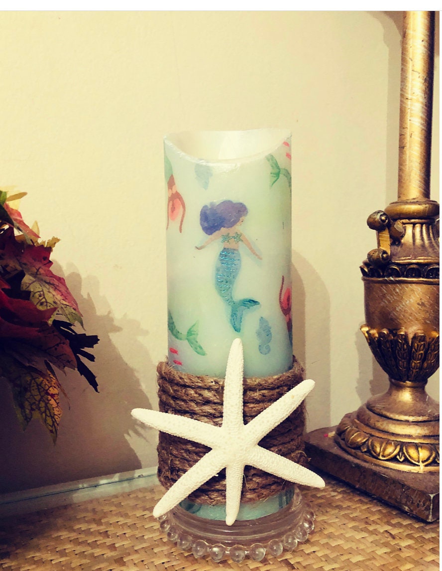 9 Inch Tall Beautiful Mermaid Flameless Starfish Candle With Mermaid ...