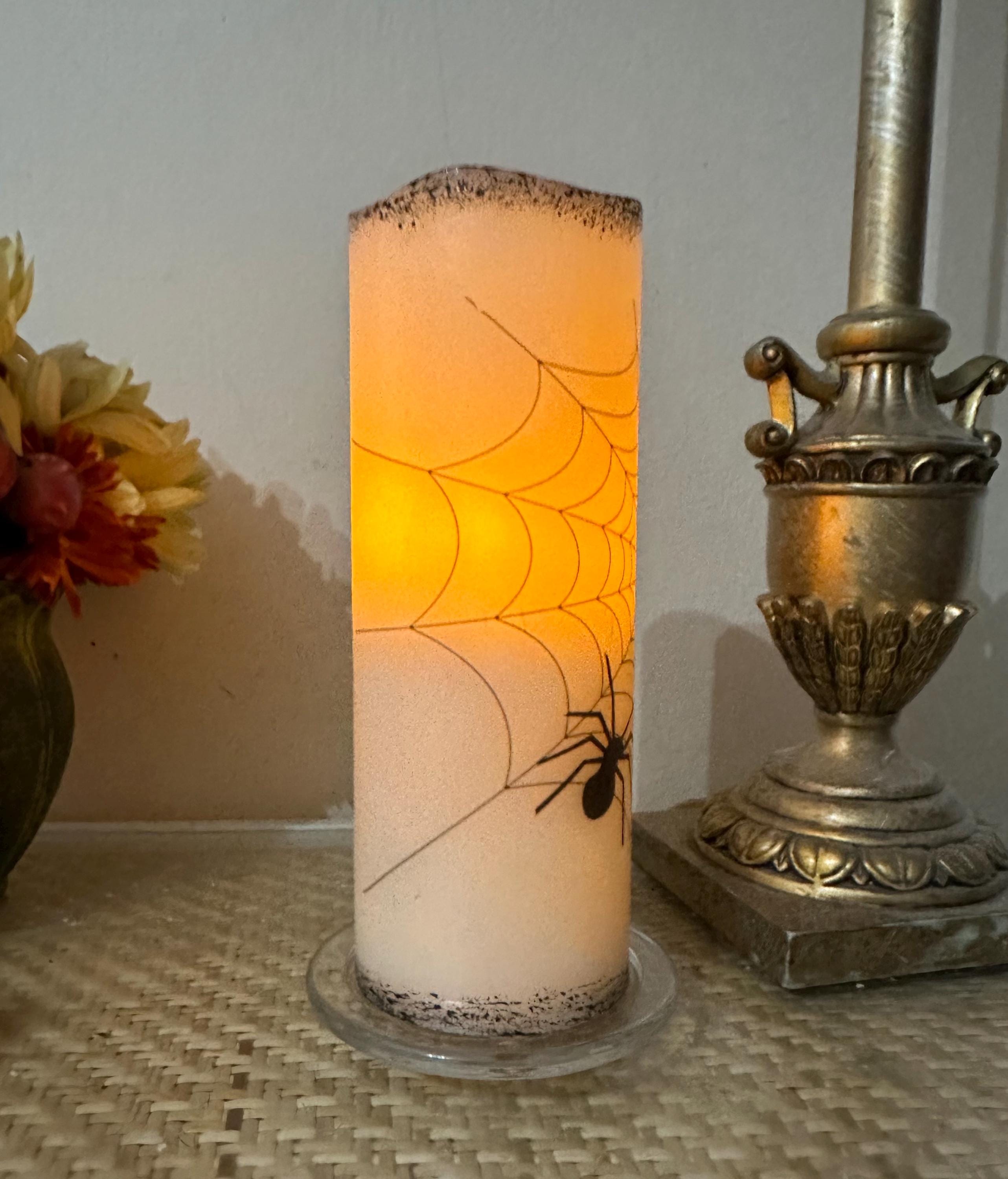 Spider Web Flameless Candle: Halloween Decor, Batteries Included - Etsy