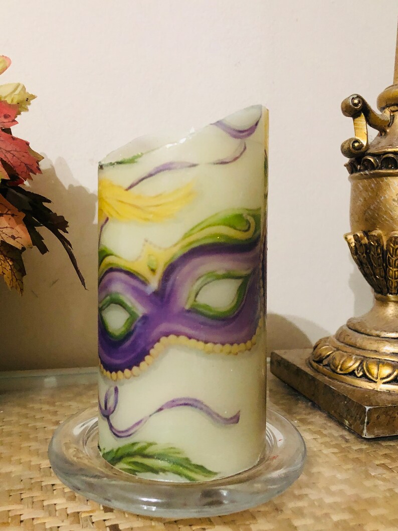 6 Inch Tall Inch Tall Mardi Gras Mask Pillar Flameless Candle With ...
