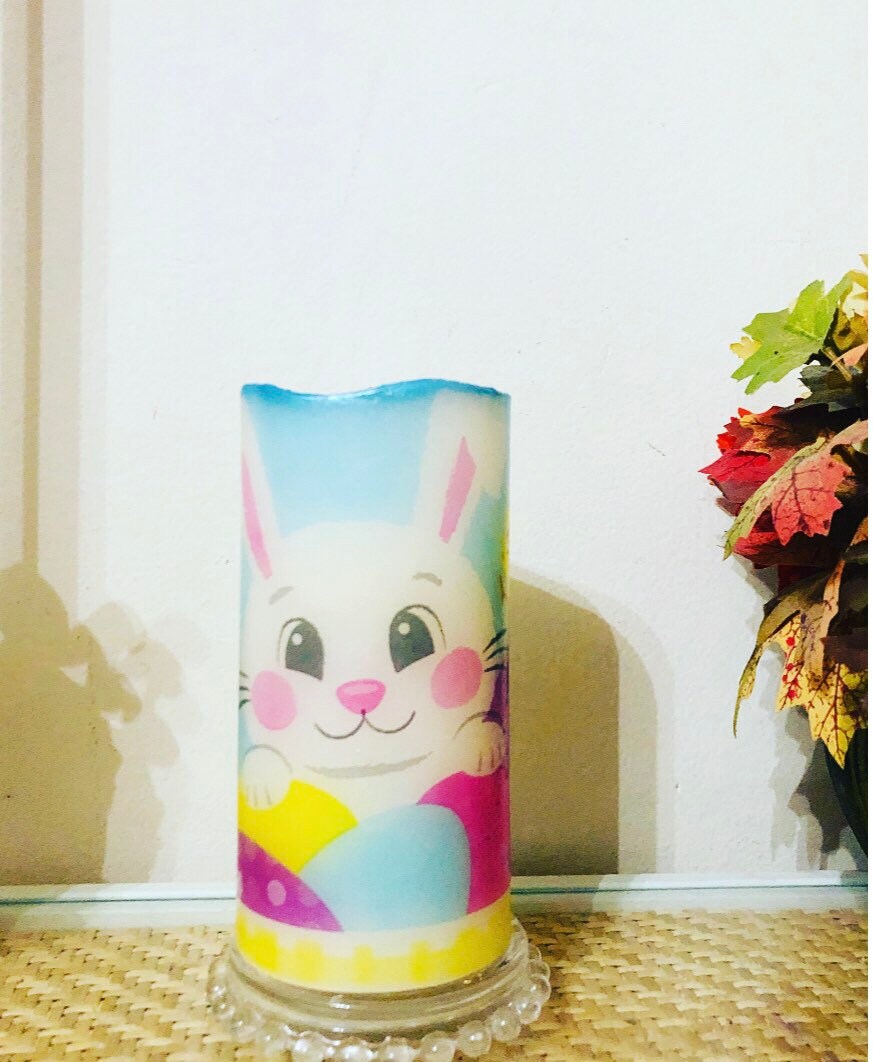 6 Inch Tall Easter Bunny and Chick LED Flameless Pillar Candle Optional ...