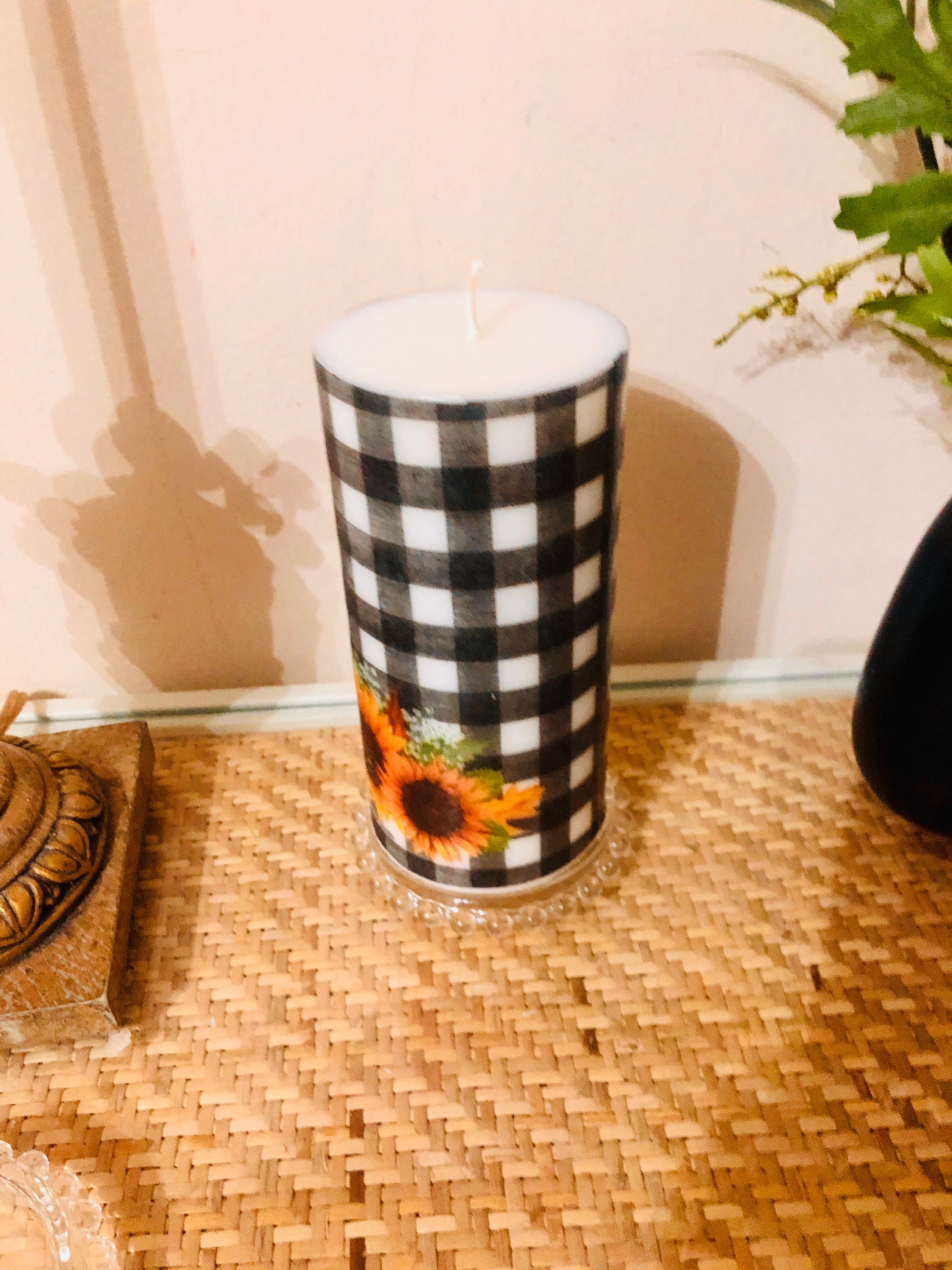 6 Inch Tall Country Sunflower and Checker Print Pillar Candle With ...
