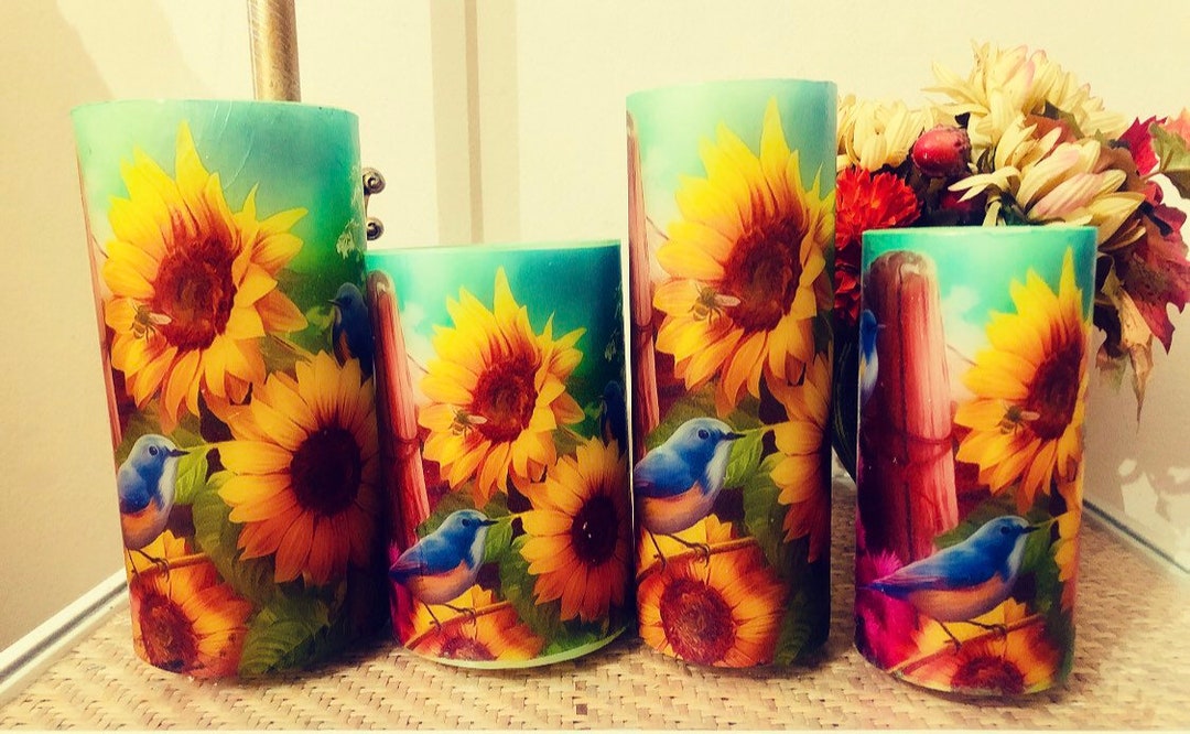 Sunflower, Bluebird, Butterfly and a Bee Flameless Candle With On/off ...