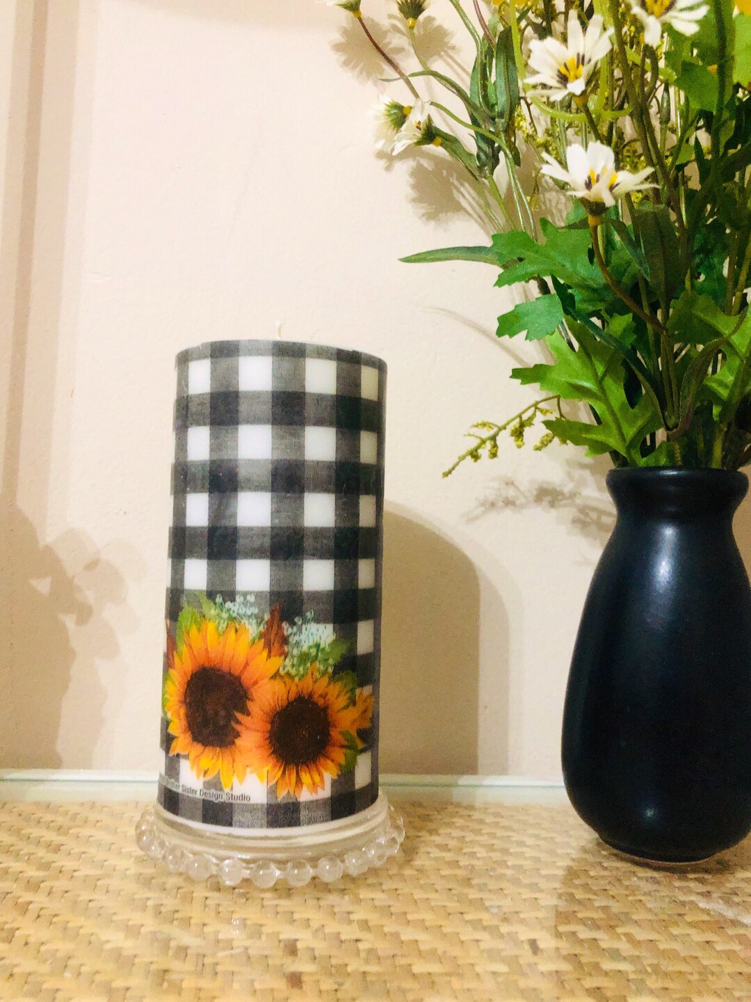 6 Inch Tall Country Sunflower and Checker Print Pillar Candle - Etsy