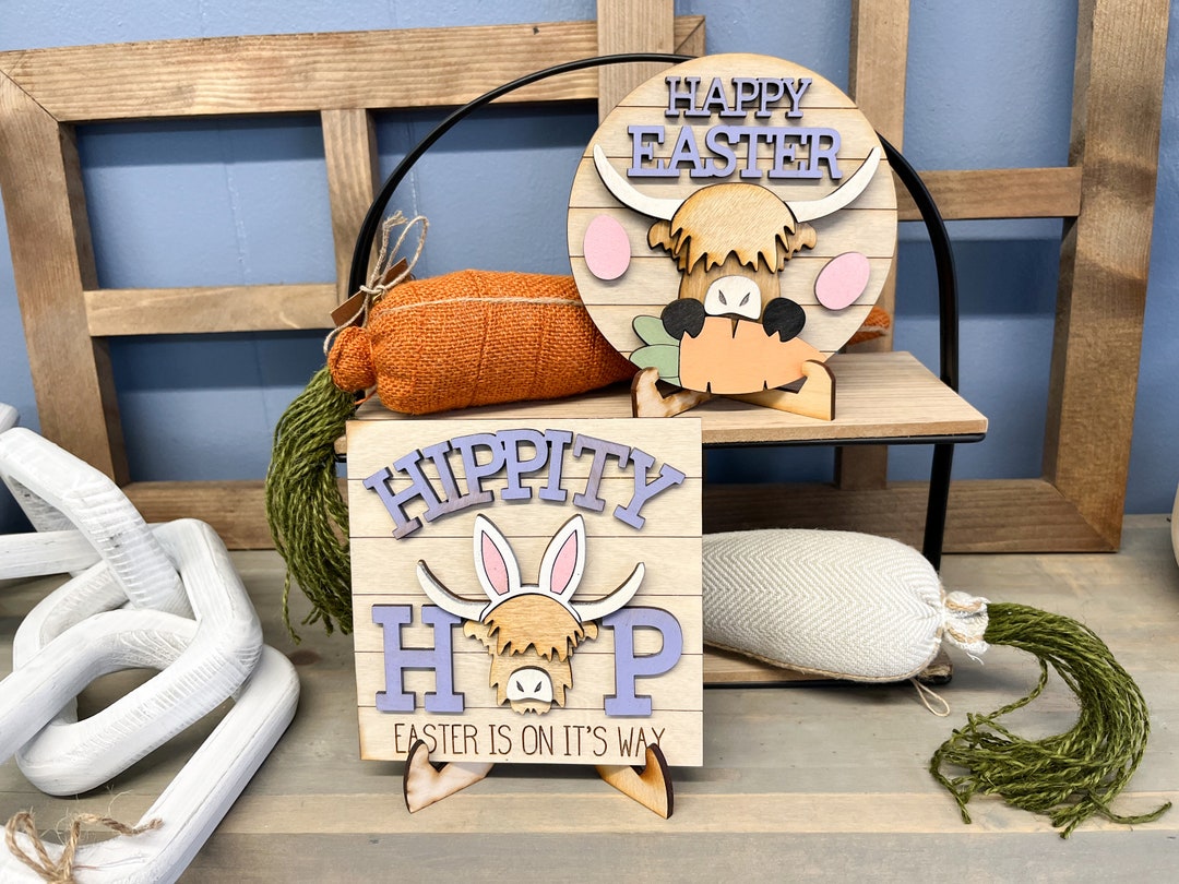 Happy Easter Fluffy Cow Mini Signs, Hippity Hop, Easter Decor, Wood ...