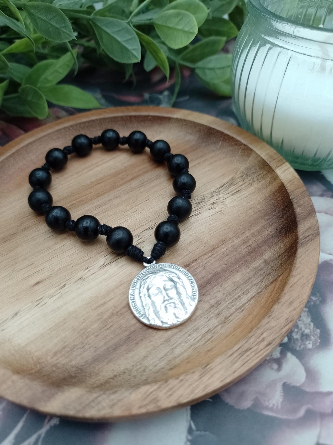 Corded 14 Beads Holy Face Chaplet With Black Wood Beads and Silver ...