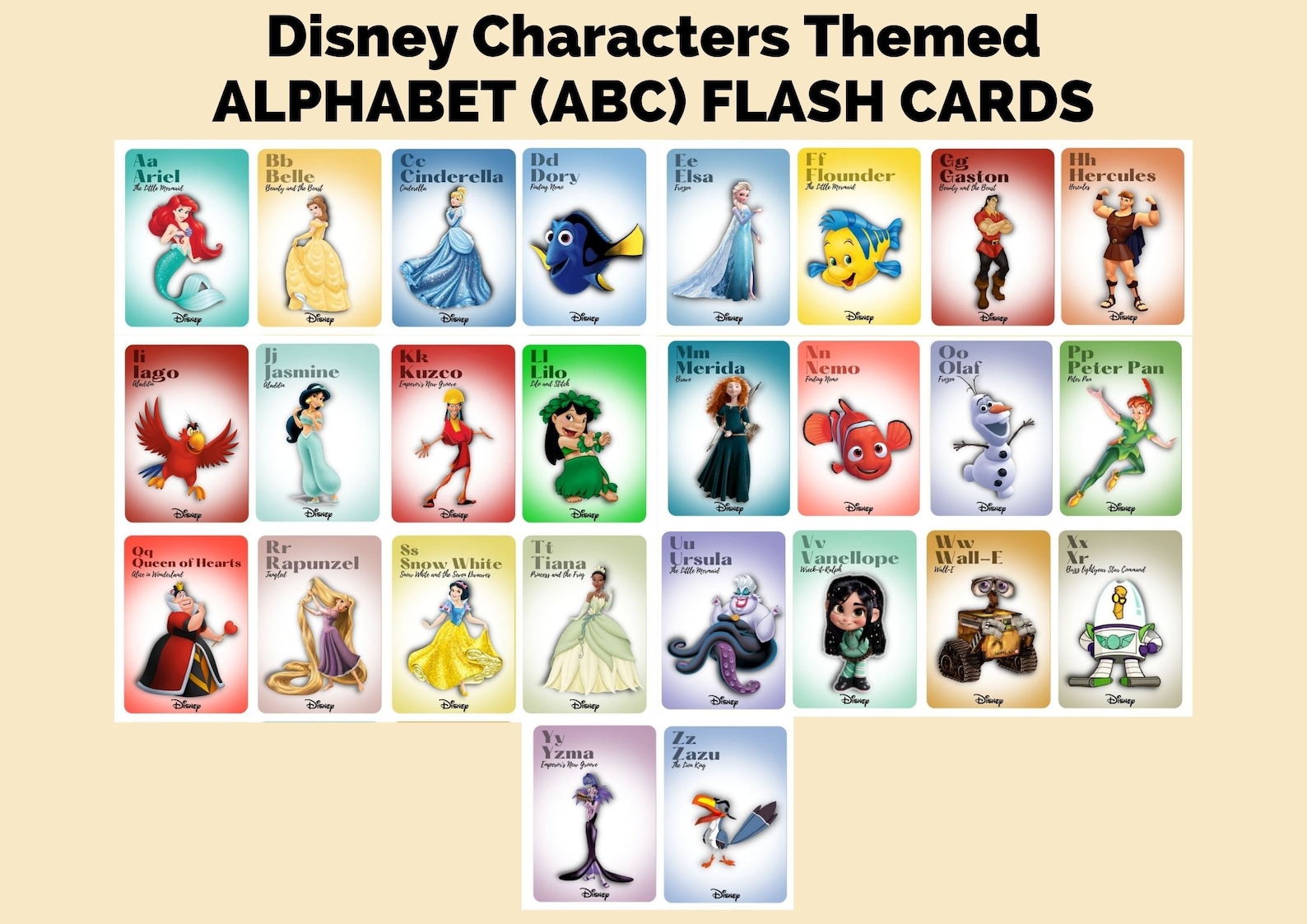 Digital DISNEY Characters theme alphabet ABC flash cards | Etsy