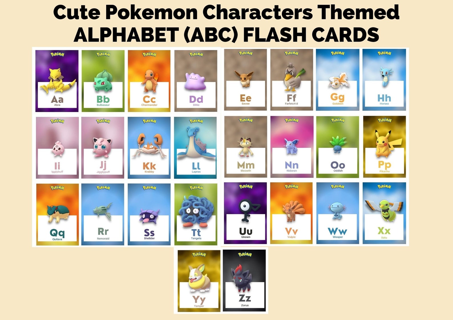 Digital Cute POKEMON theme alphabet ABC flash cards Nursery | Etsy