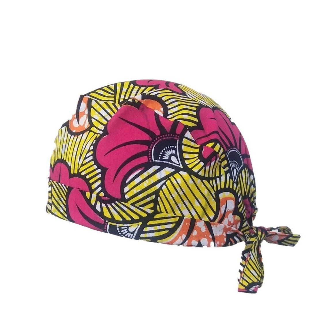 Scrub Cap Wax Cap Calot Fuchsia Flowers on a Yellow Background, Cotton ...