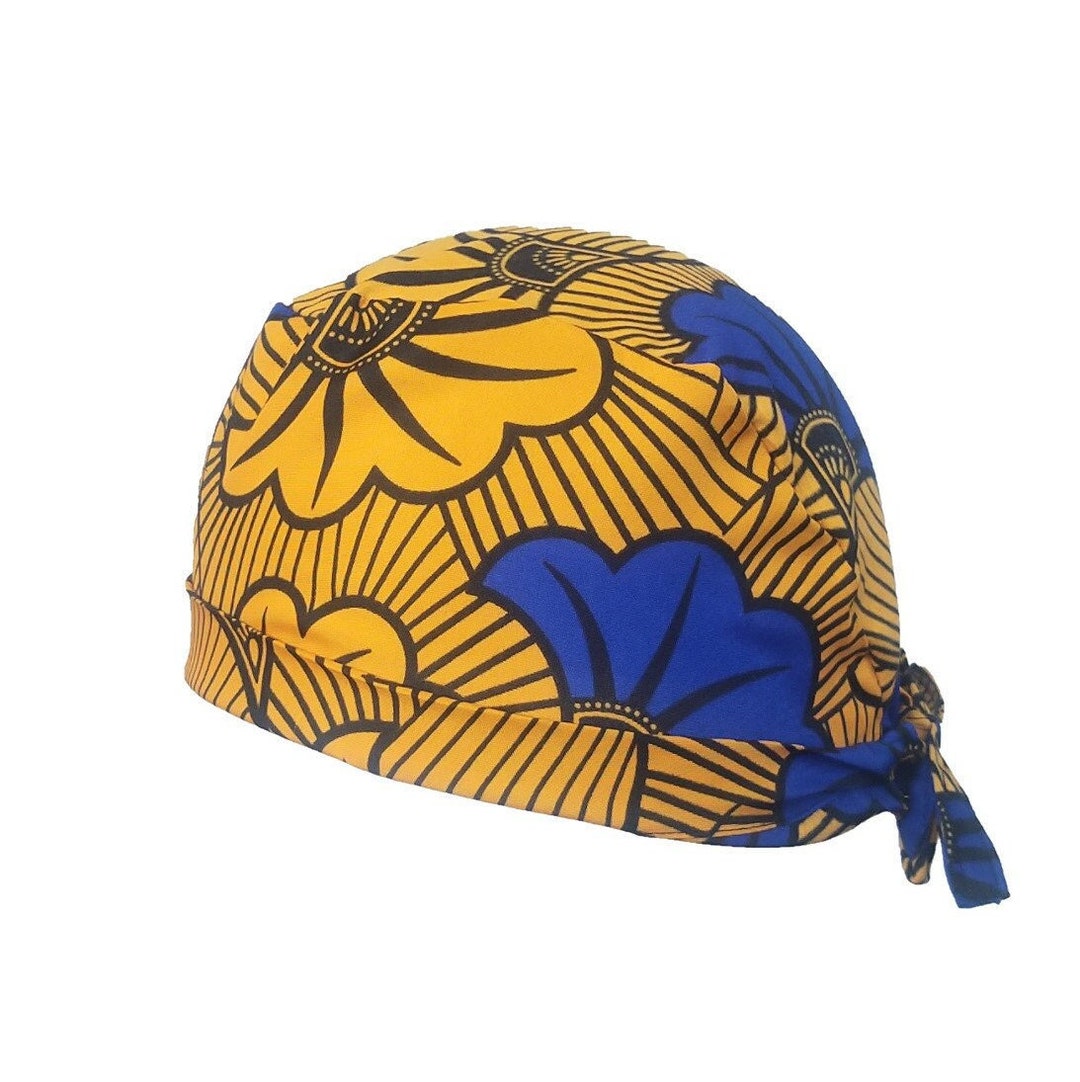 Wax Scrub Cap Calot Blue Flowers on Yellow Background, Cotton Scrub Cap ...