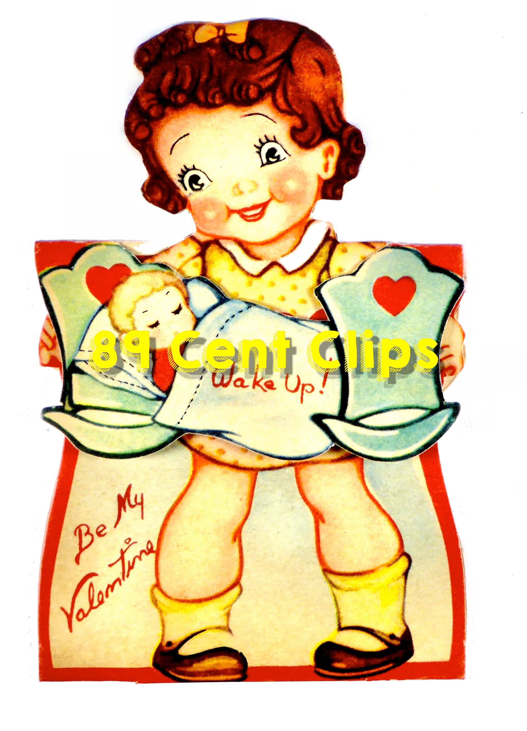 Five Retro Girly Girl 1940s Valentine Instant Digital Downloads Hearts Curls Frilly Dress